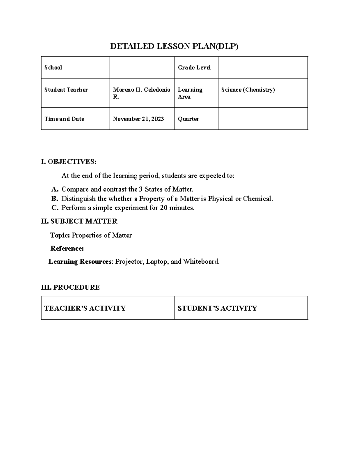 Detailed Lesson PLAN Unfinished - DETAILED LESSON PLAN(DLP) School ...