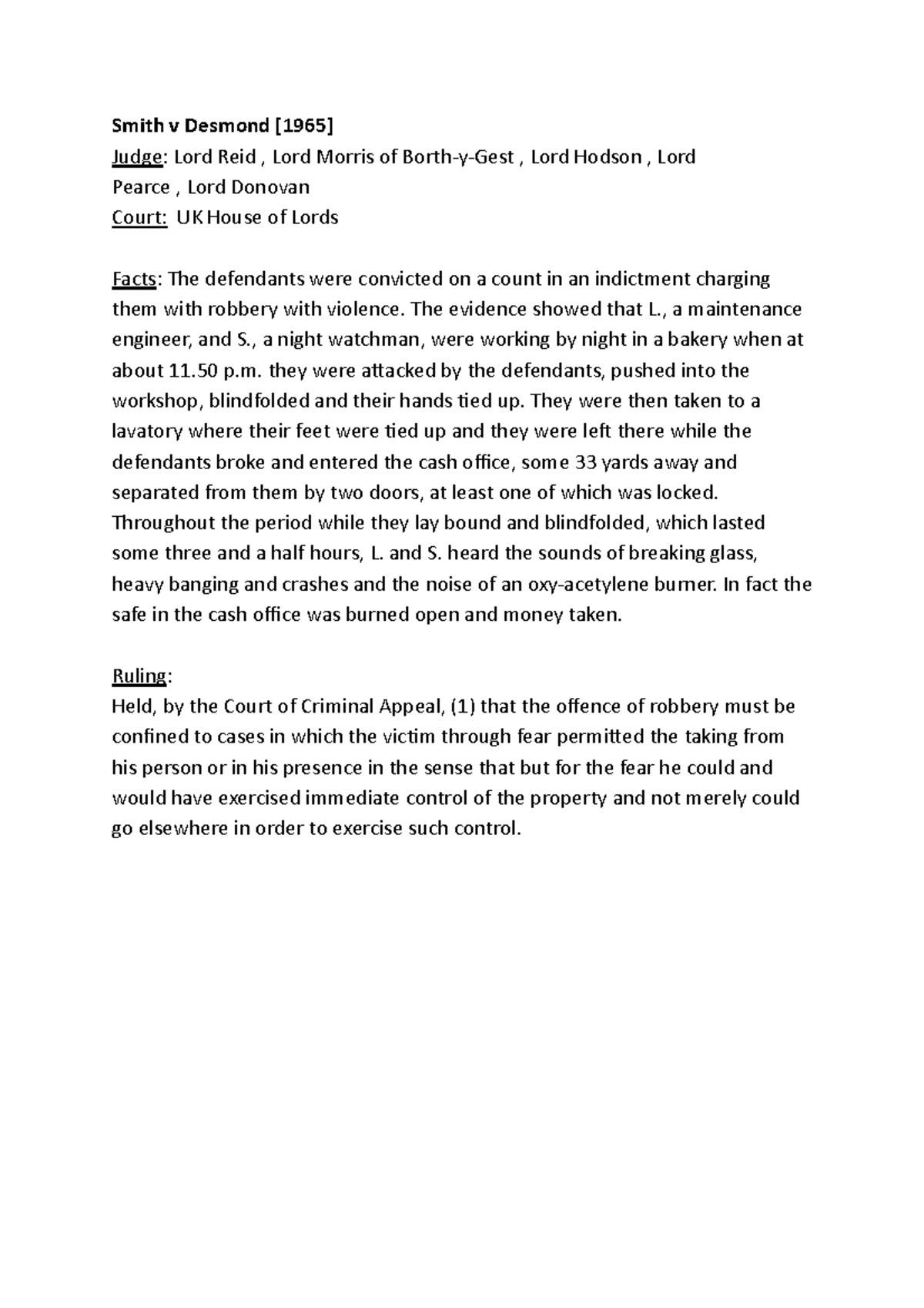 Crim Moot Cases - crim - Smith v Desmond [1965] Judge: Lord Reid , Lord ...