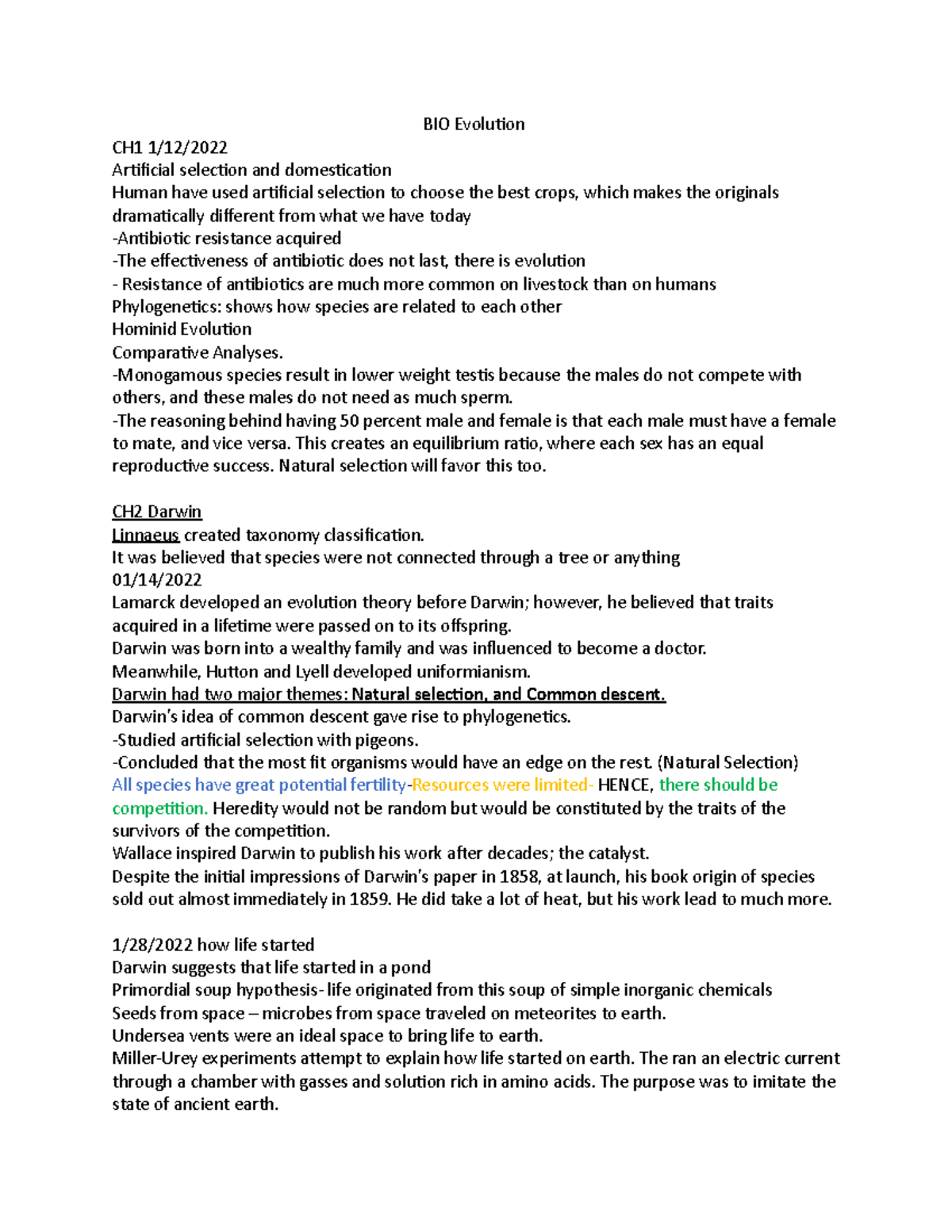 BIO Evolution Notes - BIO Evolution CH1 1/12/ Artificial selection and ...