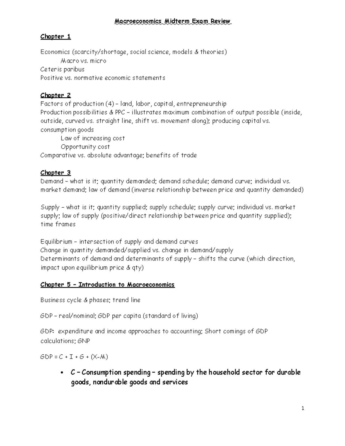 Midterm Exam Review - Macroeconomics Midterm Exam Review Chapter 1 Economics (scarcity/shortage ...