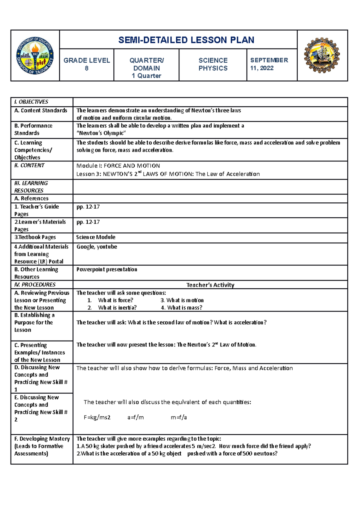 Science 8 Week 4 LP9 - GRADE LEVEL 8 QUARTER/ DOMAIN 1 Quarter SCIENCE ...