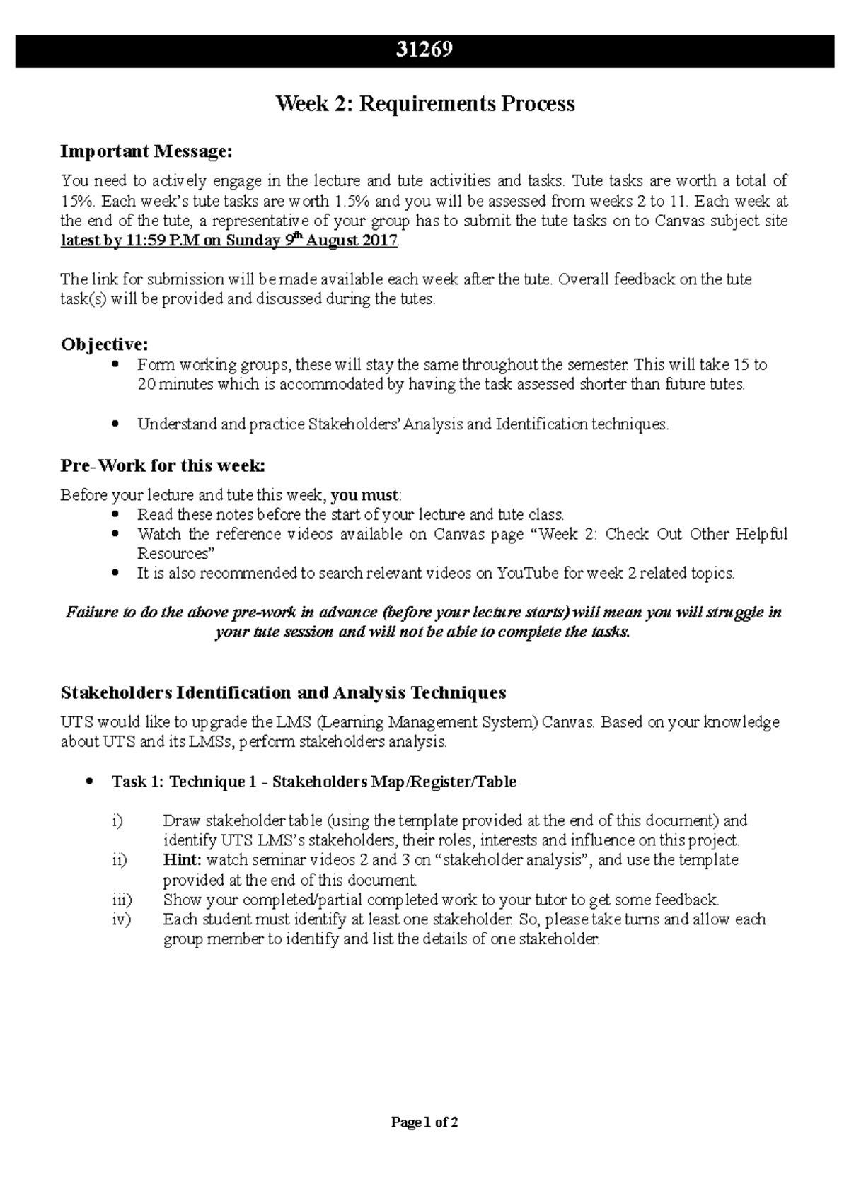 Week 2 Tute Tasks - Requirements Process - Week 2: Requirements Process Important Message: You ...