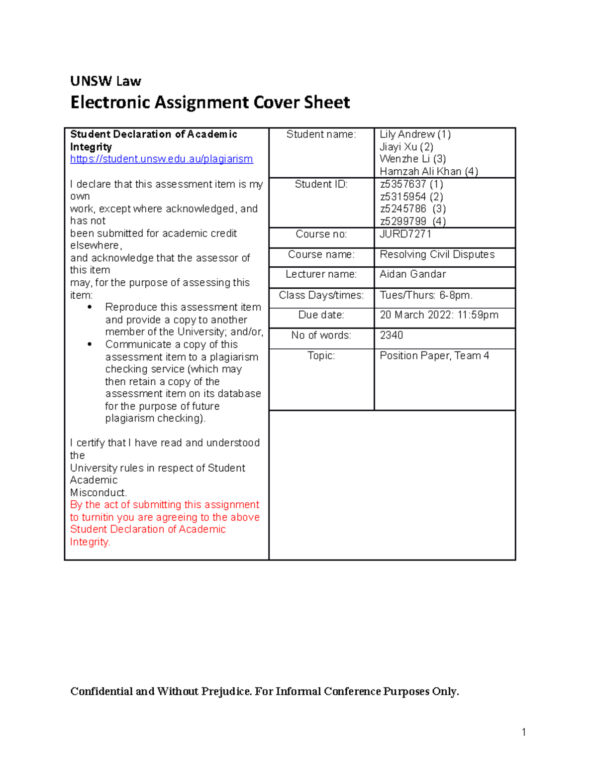RCD Interest Paper Final - UNSW Law Electronic Assignment Cover Sheet Student Declaration of ...