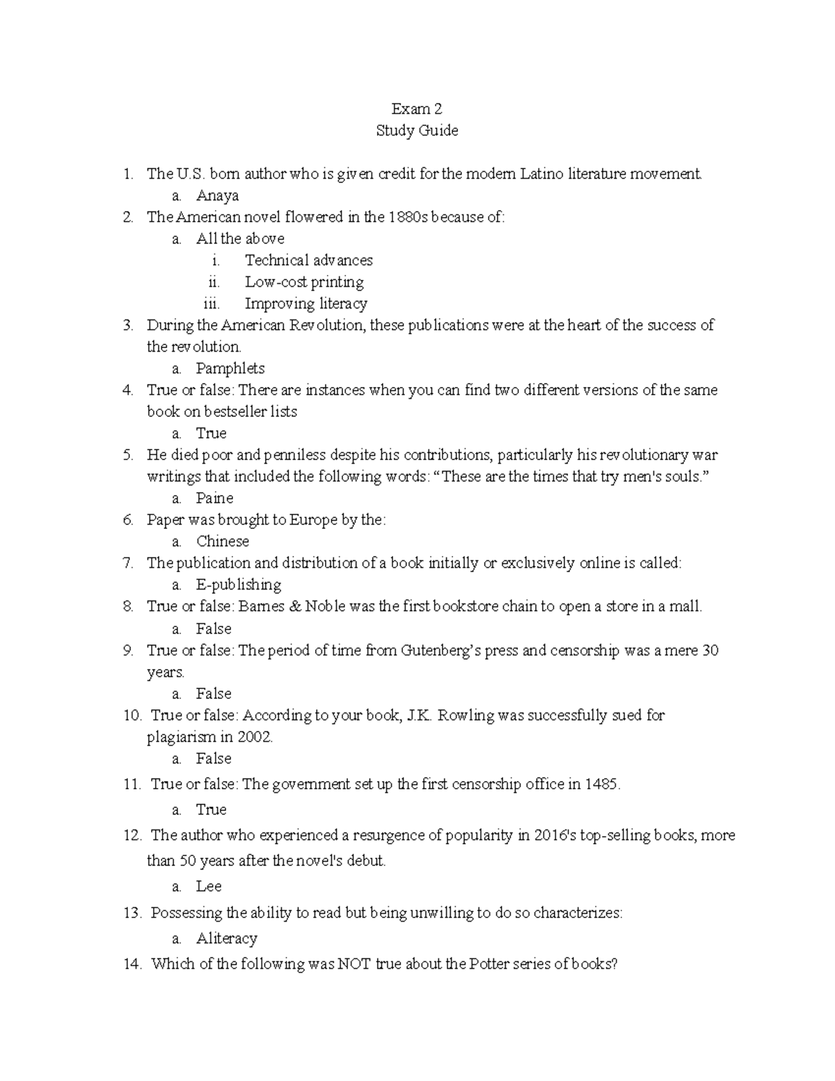 Exam 2 - Study Guide - Exam 2 Study Guide The U. born author who is ...