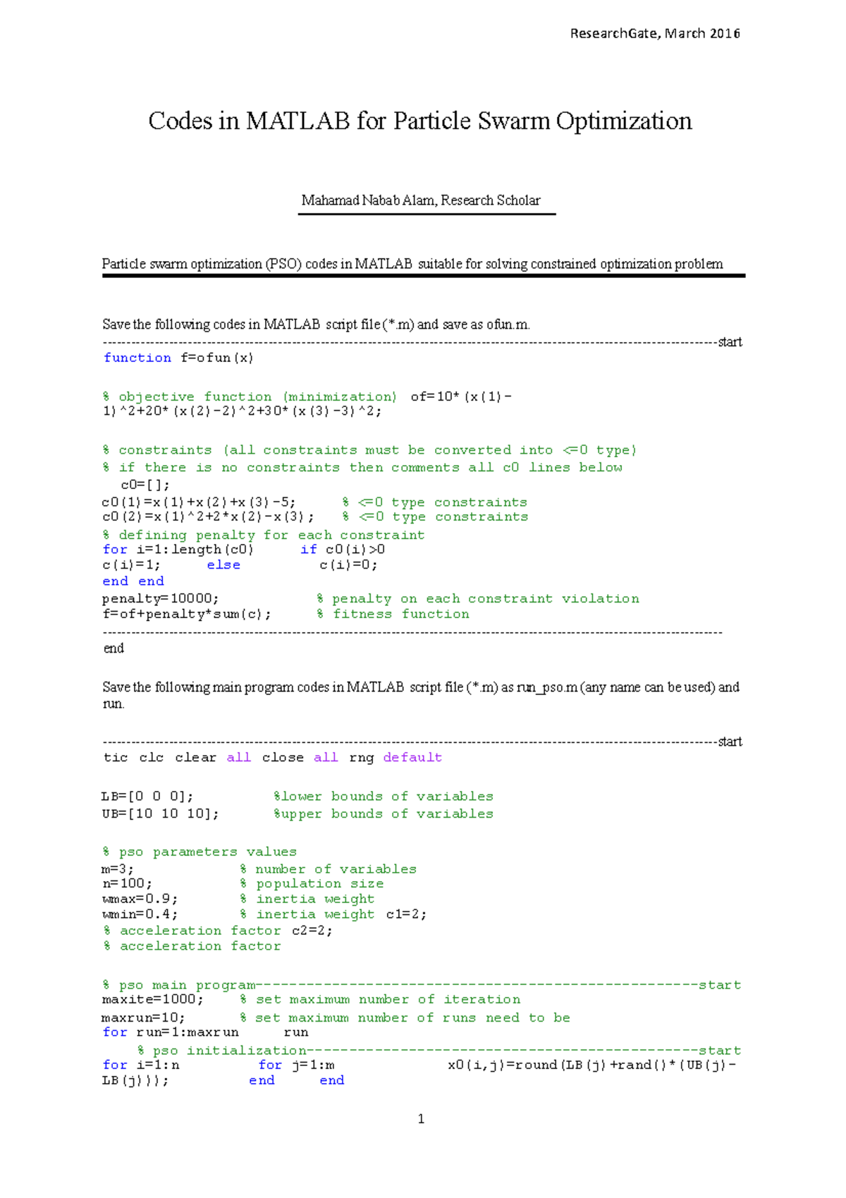 PSO codes - ResearchGate, March 2016 Codes in MATLAB for Particle Swarm Optimization Mahamad ...