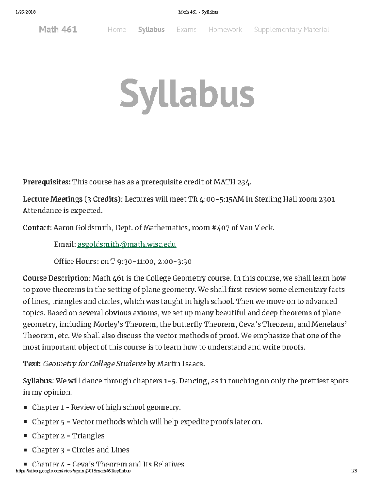 Math 461 - Syllabus - Lecture Meetings (3 Credits): Lectures will meet ...