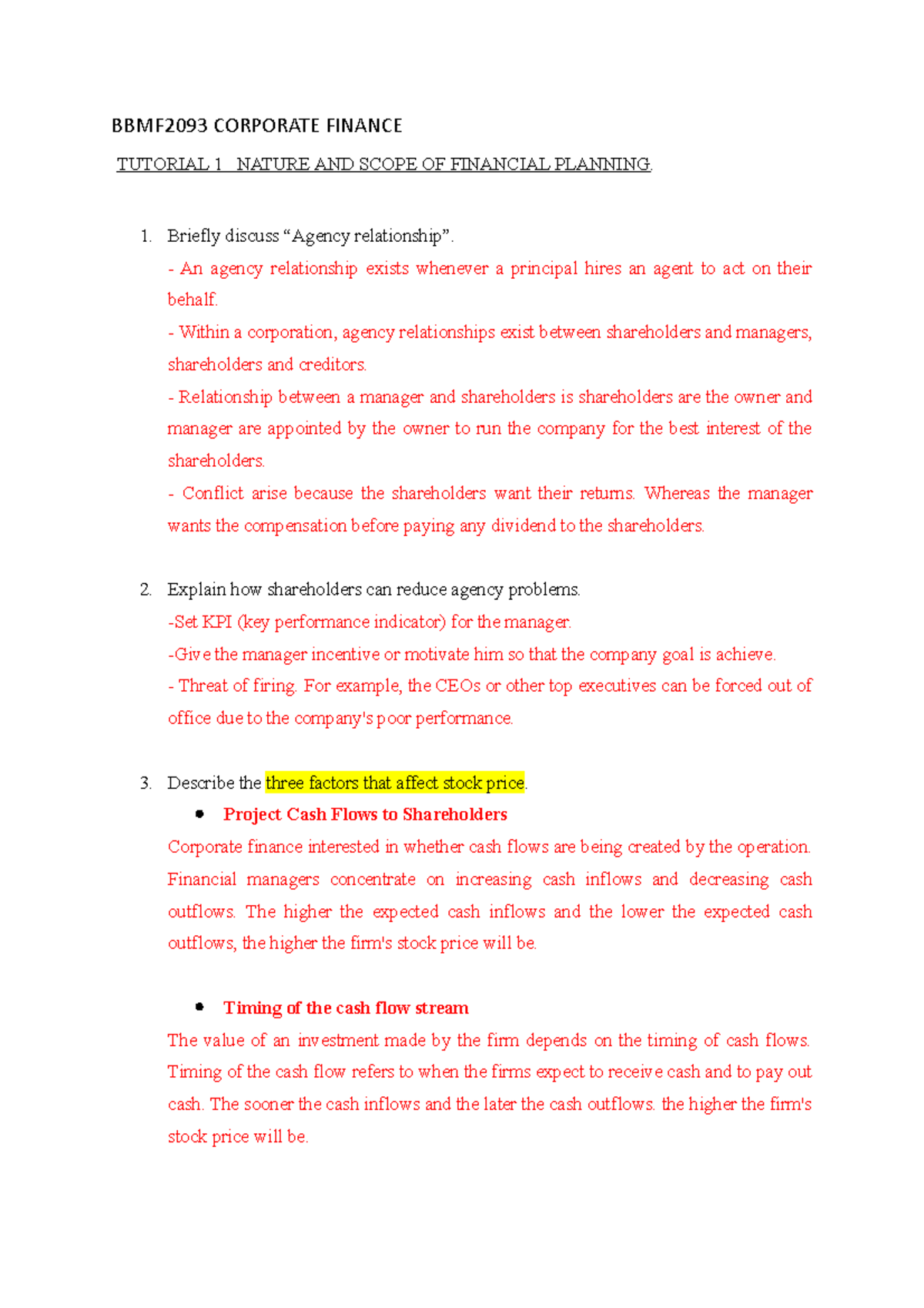 T1 - CF tutorial - BBMF2093 CORPORATE FINANCE TUTORIAL 1 NATURE AND ...