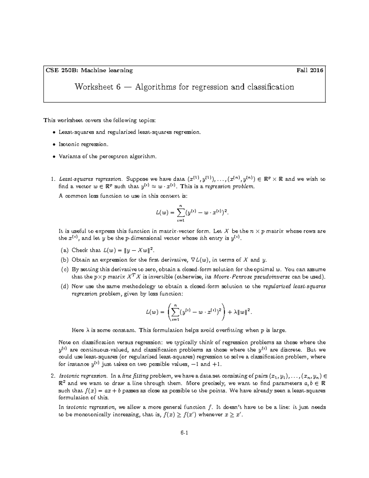 Worksheet 6 — Algorithms for regression and classification - CSE 250B: Machine learning Fall ...