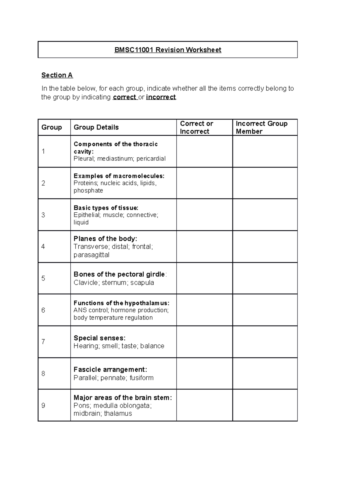 BMSC11001 Revision Worksheet - BMSC11001 Revision Worksheet Section A ...