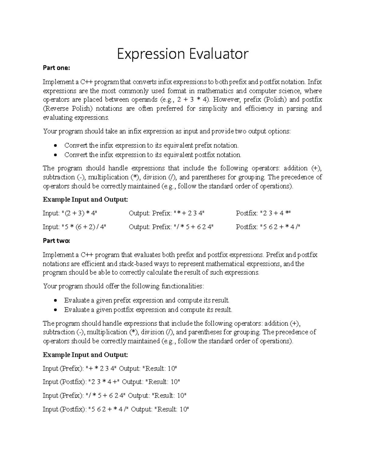 Lab3 - this is a documeny - Expression Evaluator Part one: Implement a ...