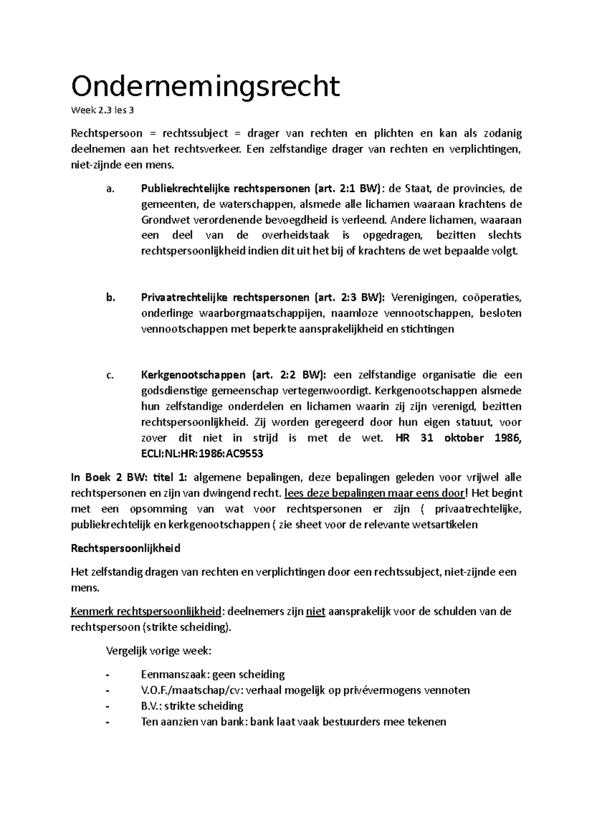Ondernemingsrecht les 3 - Ondernemingsrecht Week 2 les 3 Rechtspersoon ...