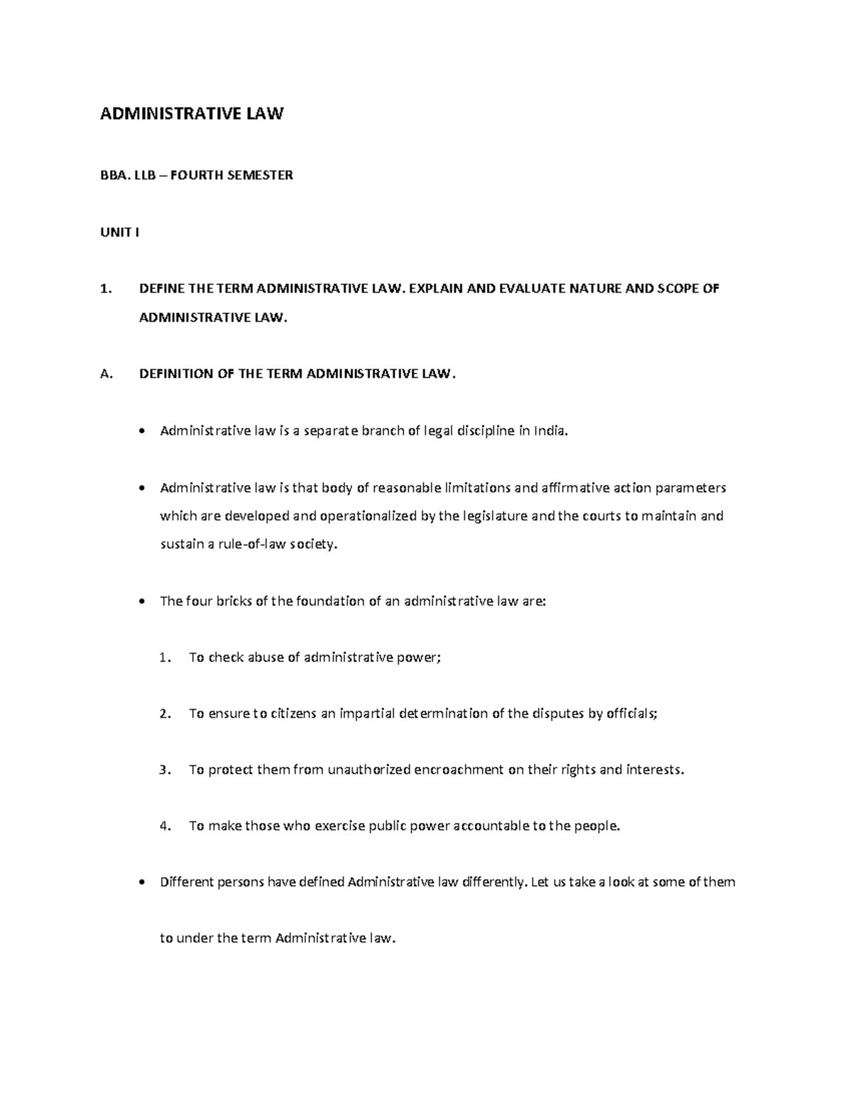 Admin Law Notes IV Sem - ADMINISTRATIVE LAW BBA. LLB – FOURTH SEMESTER ...