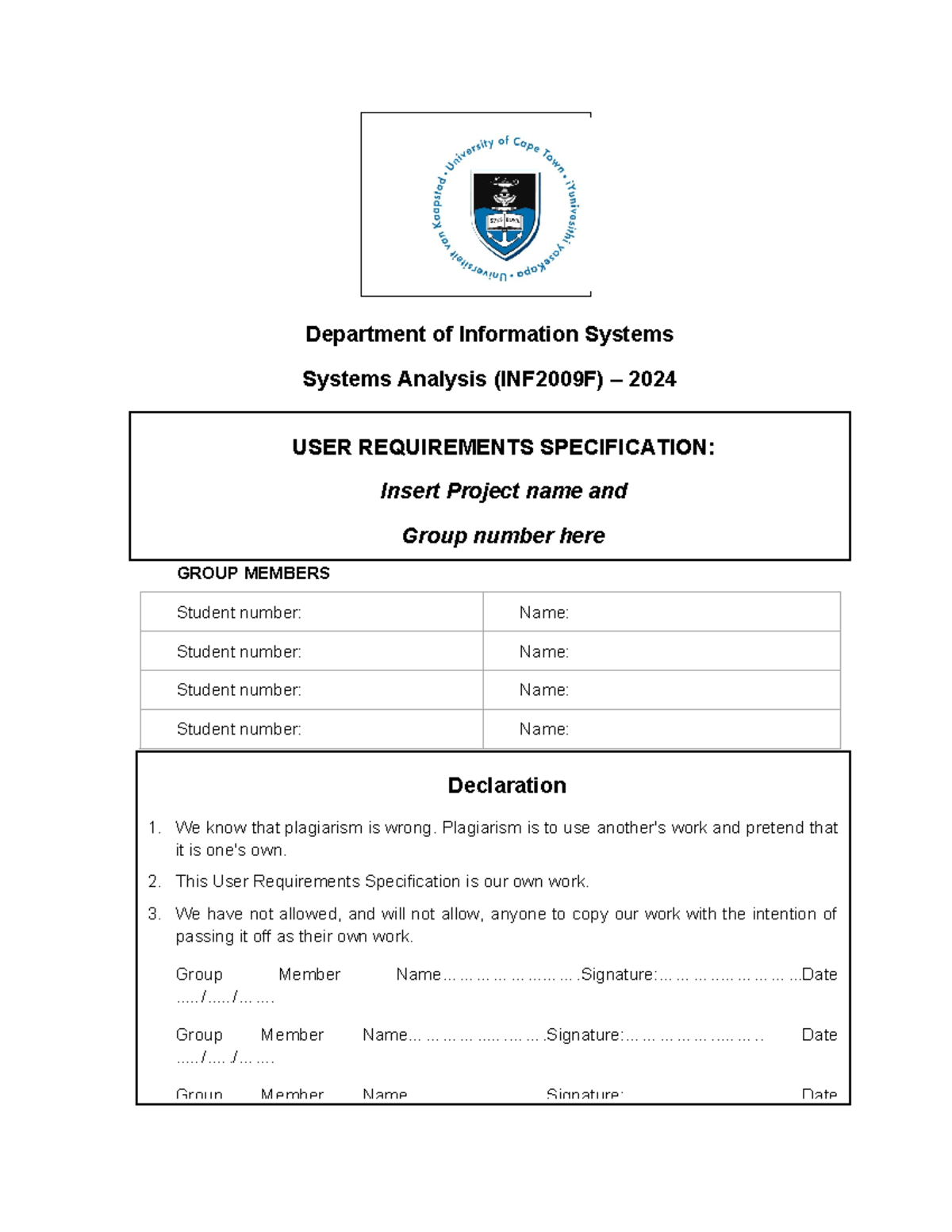 1Group XX URS Template 2024 - Department of Information Systems Systems ...
