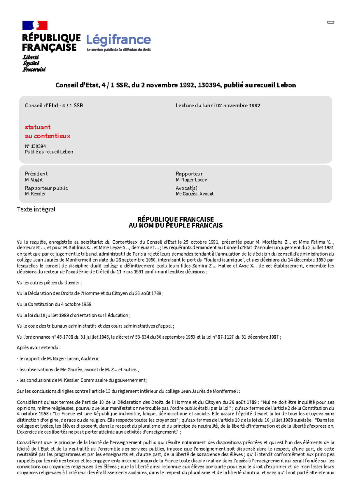Conseil d'Etat, 4 1 SSR, du 2 novembre 1992, 130394, publié au recueil ...