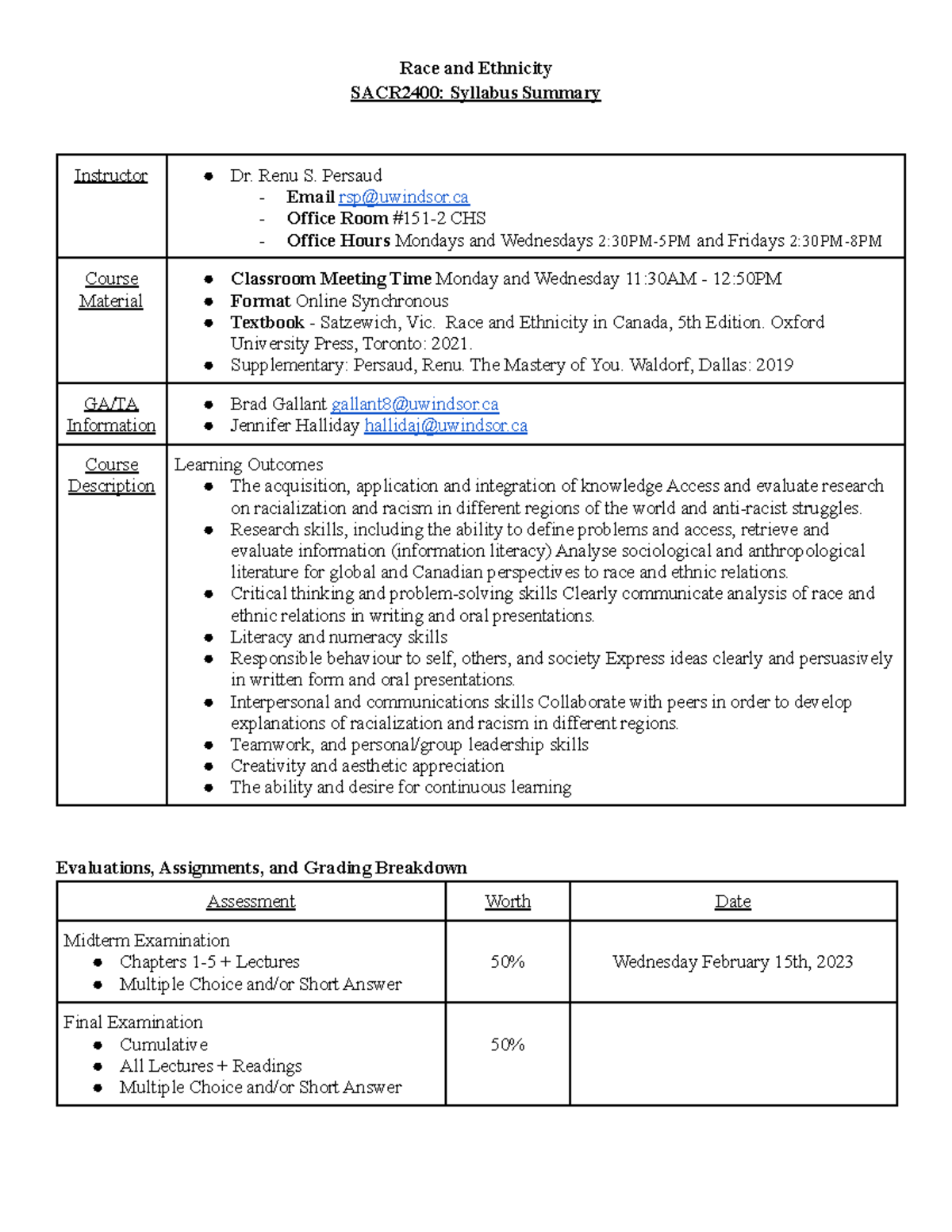 SACR2400-Syllabus Summary - Race and Ethnicity SACR2400: Syllabus ...