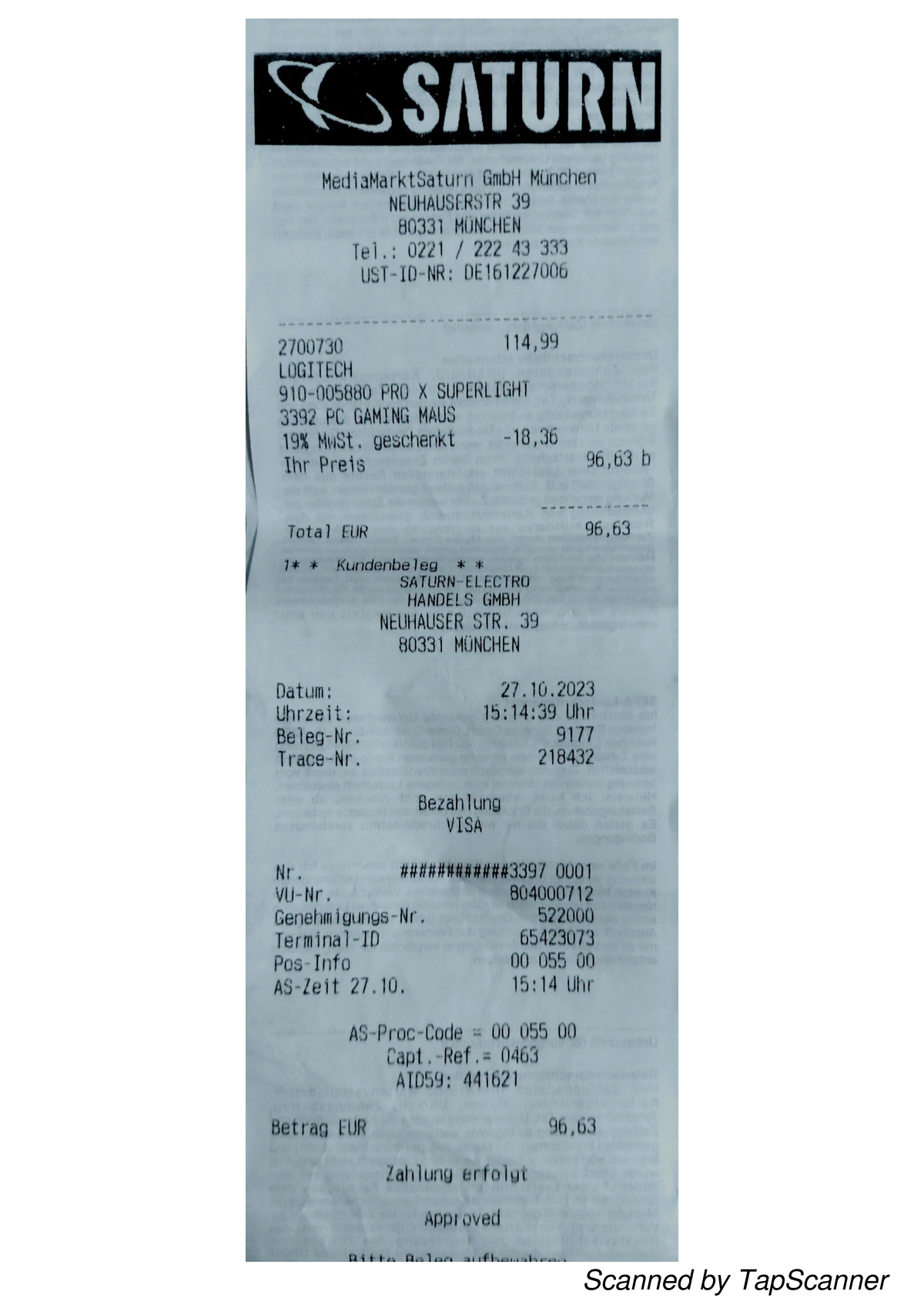 Invoice - STFU - SATURN MediaMarktSaturn GmbH München NEUHAUSERSTR 39 ...