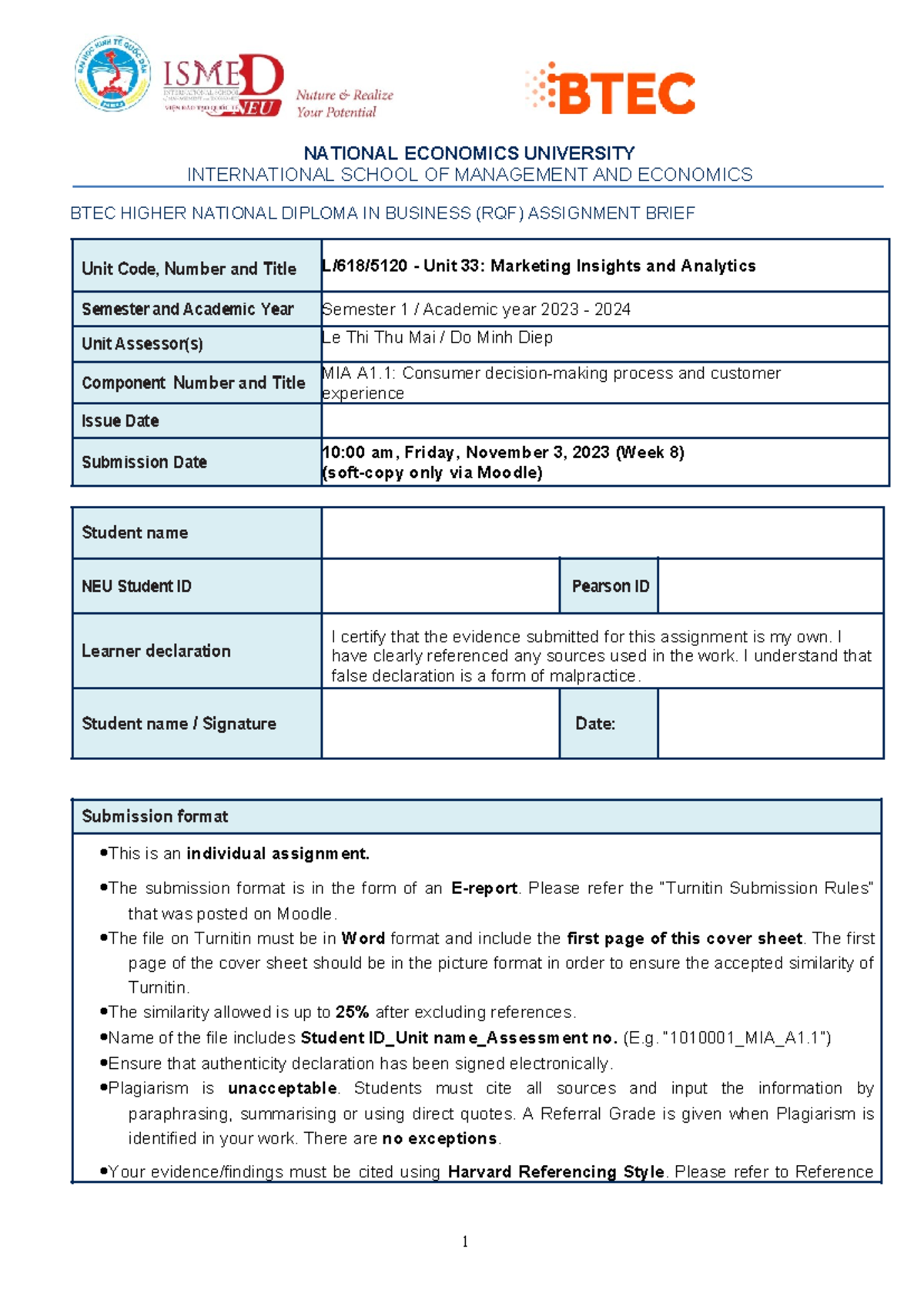 Assignment Brief - A1 - Sep 2023 - NATIONAL ECONOMICS UNIVERSITY INTERNATIONAL SCHOOL OF ...
