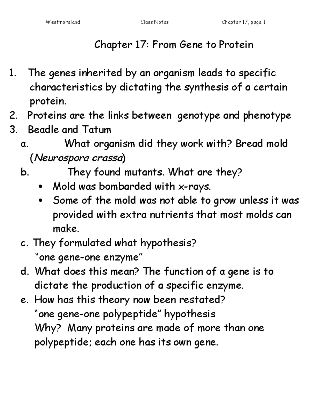 Chapter 17: From Gene to Protein - Westmoreland Class Notes Chapter 17 ...