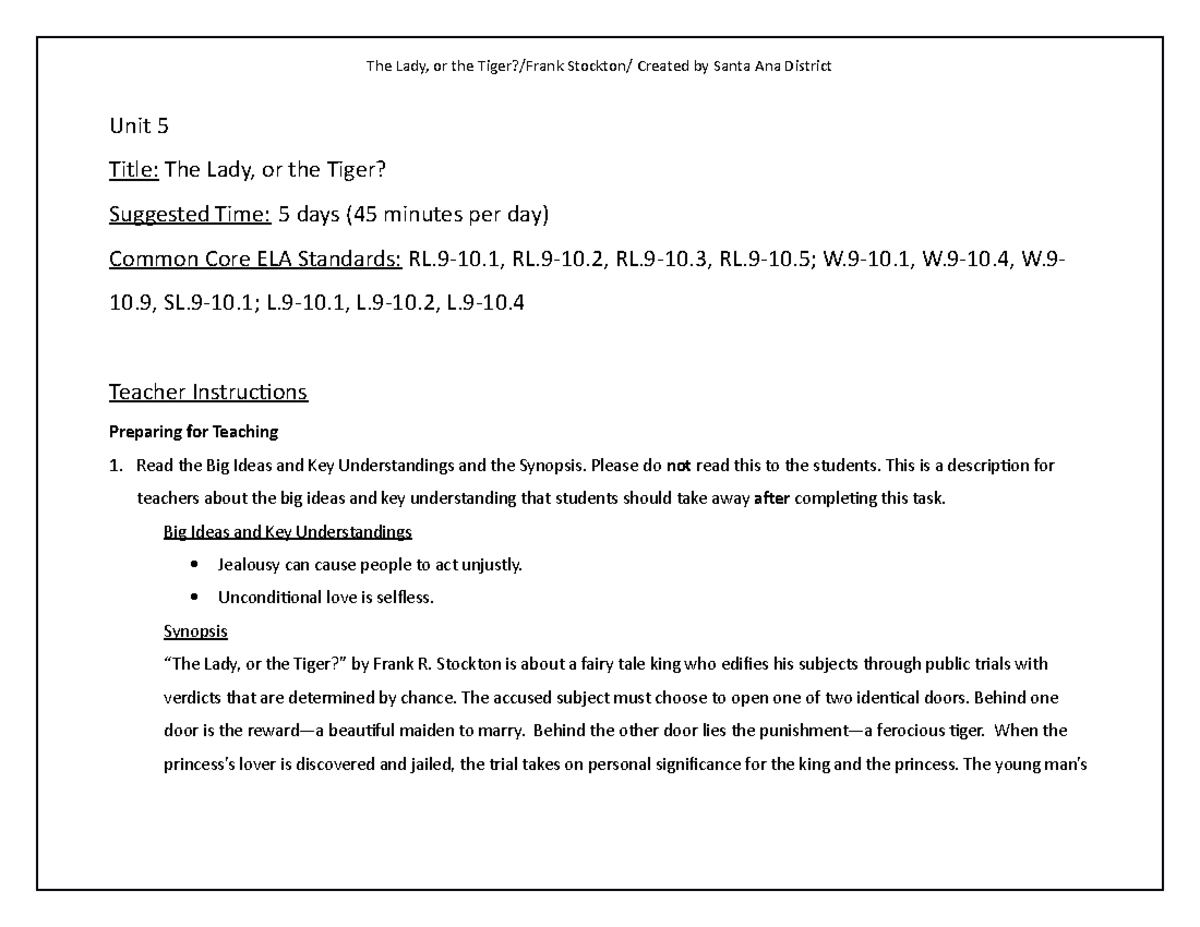 9. The Lady or the Tiger. lesson - Anthology - Unit 5 Title: The Lady ...