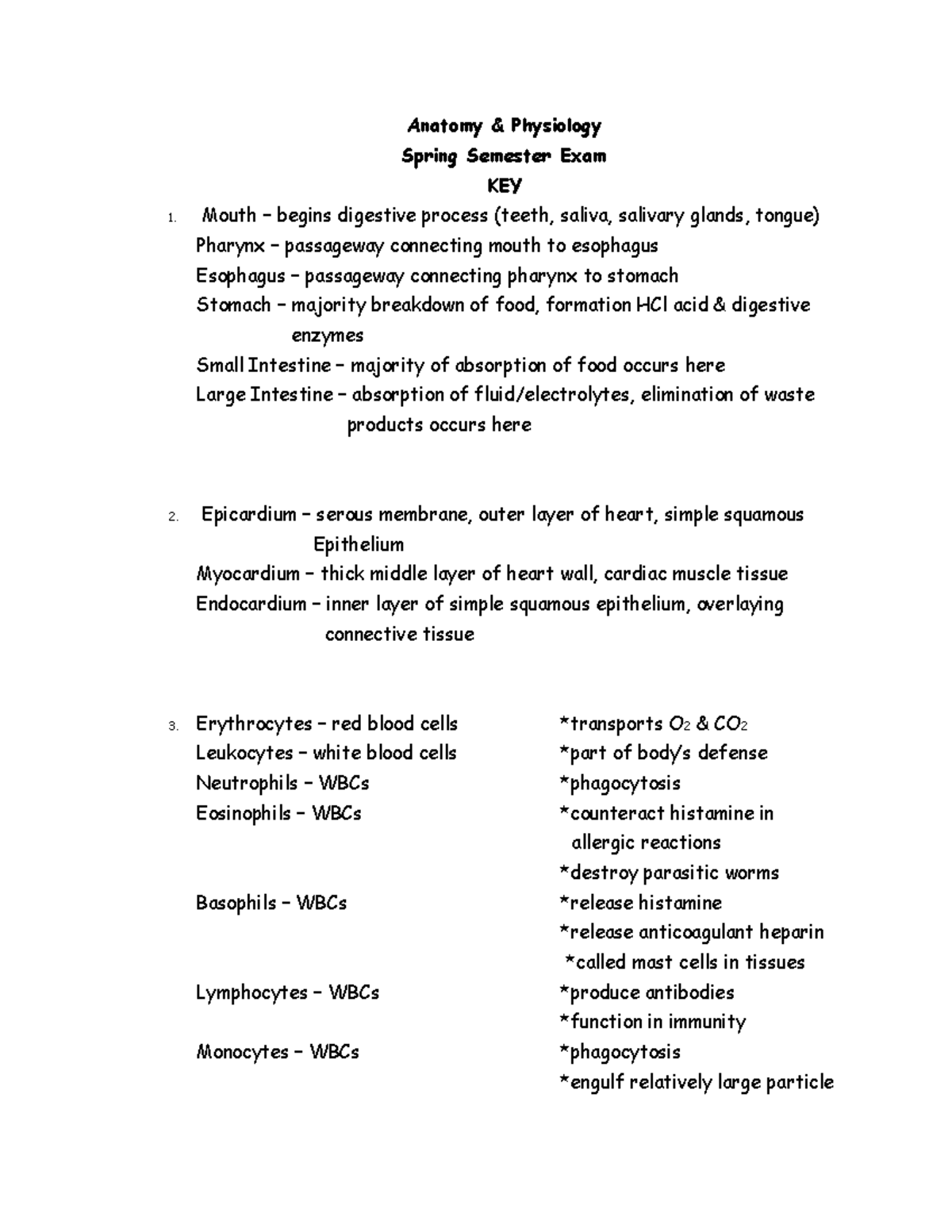 A P Spring Semester Review KEY - Anatomy & Physiology Spring Semester ...
