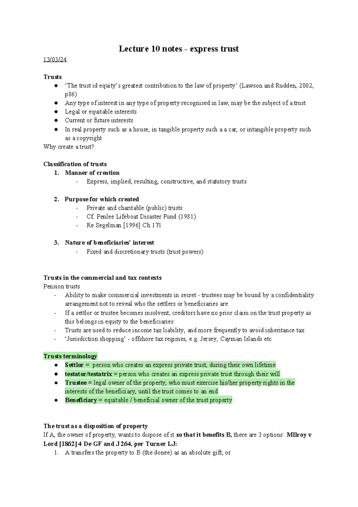 Lecture 10 notes - express trust - Lecture 10 notes - express trust 13 ...
