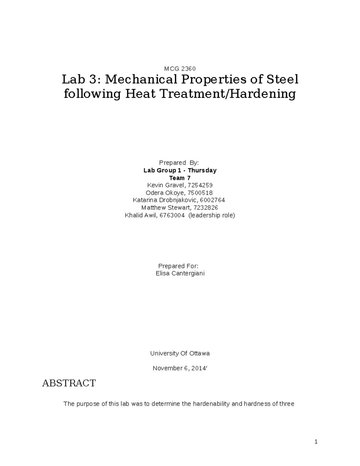 Lab 3 - lab report - MCG 2360 Lab 3: Mechanical Properties of Steel following Heat - Studocu
