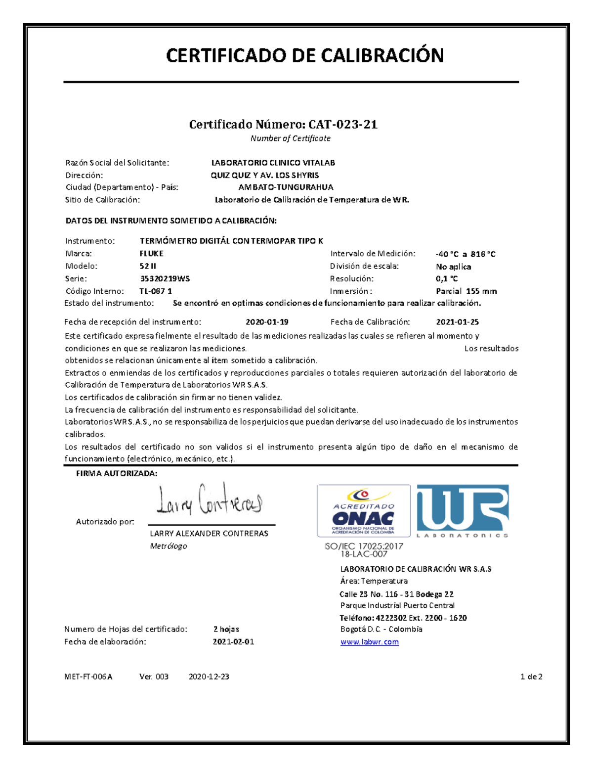 CERTIFICADO ejemplos - CERTIFICADO DE CALIBRACIÓN Certificado Número ...