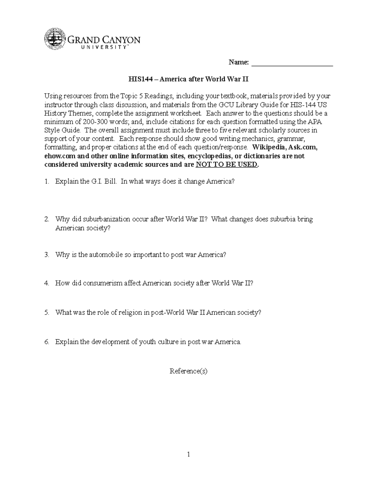 HIS-144-T-5.America after WWII Worksheet assignment - Name ...