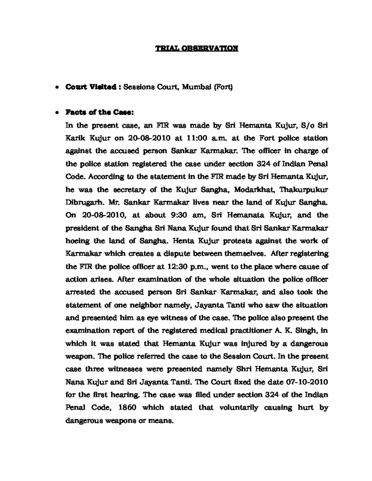 Trial Observation - TRIAL OBSERVATION Court Visited : Sessions Court ...