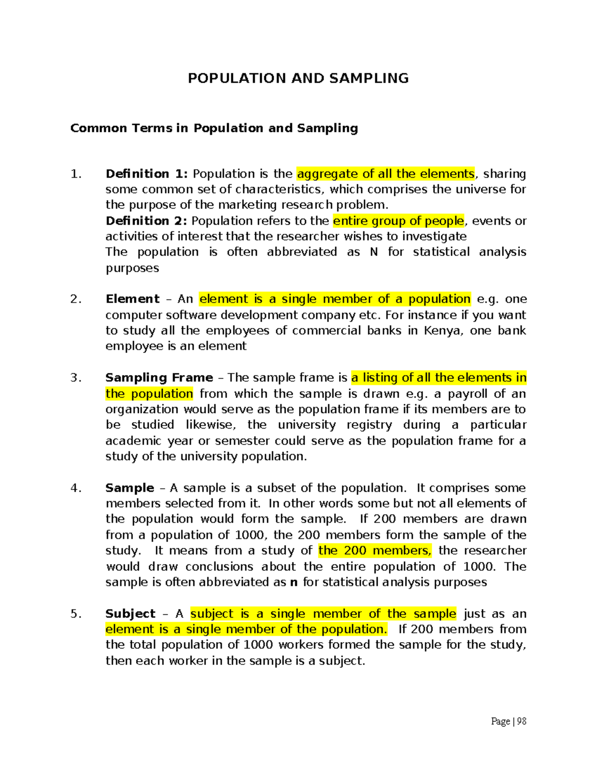 Lesson 6 Population AND Sampling - POPULATION AND SAMPLING Common Terms ...