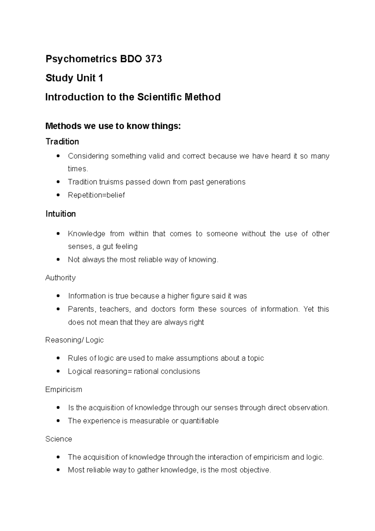 Study Unit 1 - Notes form text book and lecture slides - Psychometrics ...