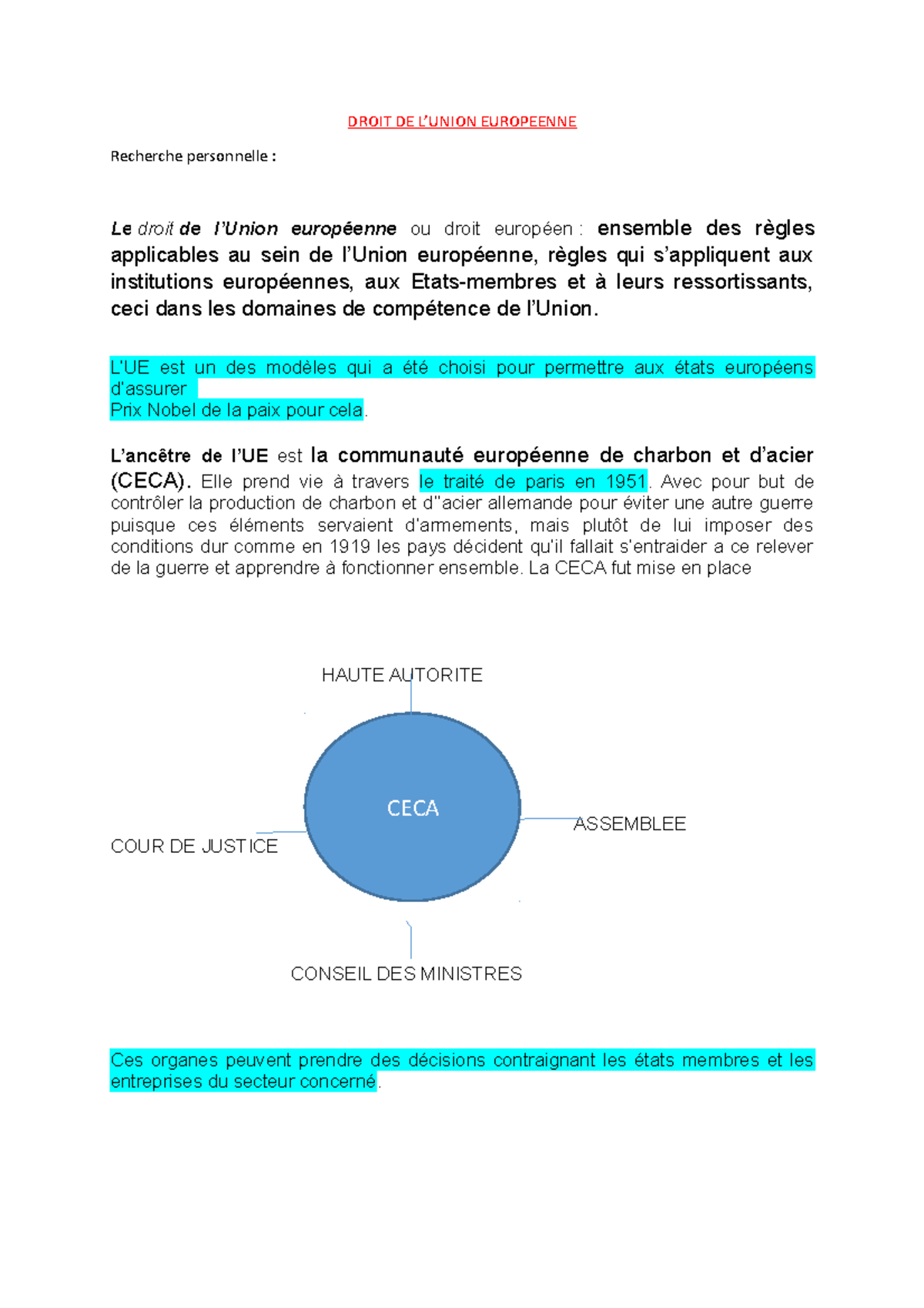 UE - cours - DROIT DE L’UNION EUROPEENNE Recherche personnelle : Le ...