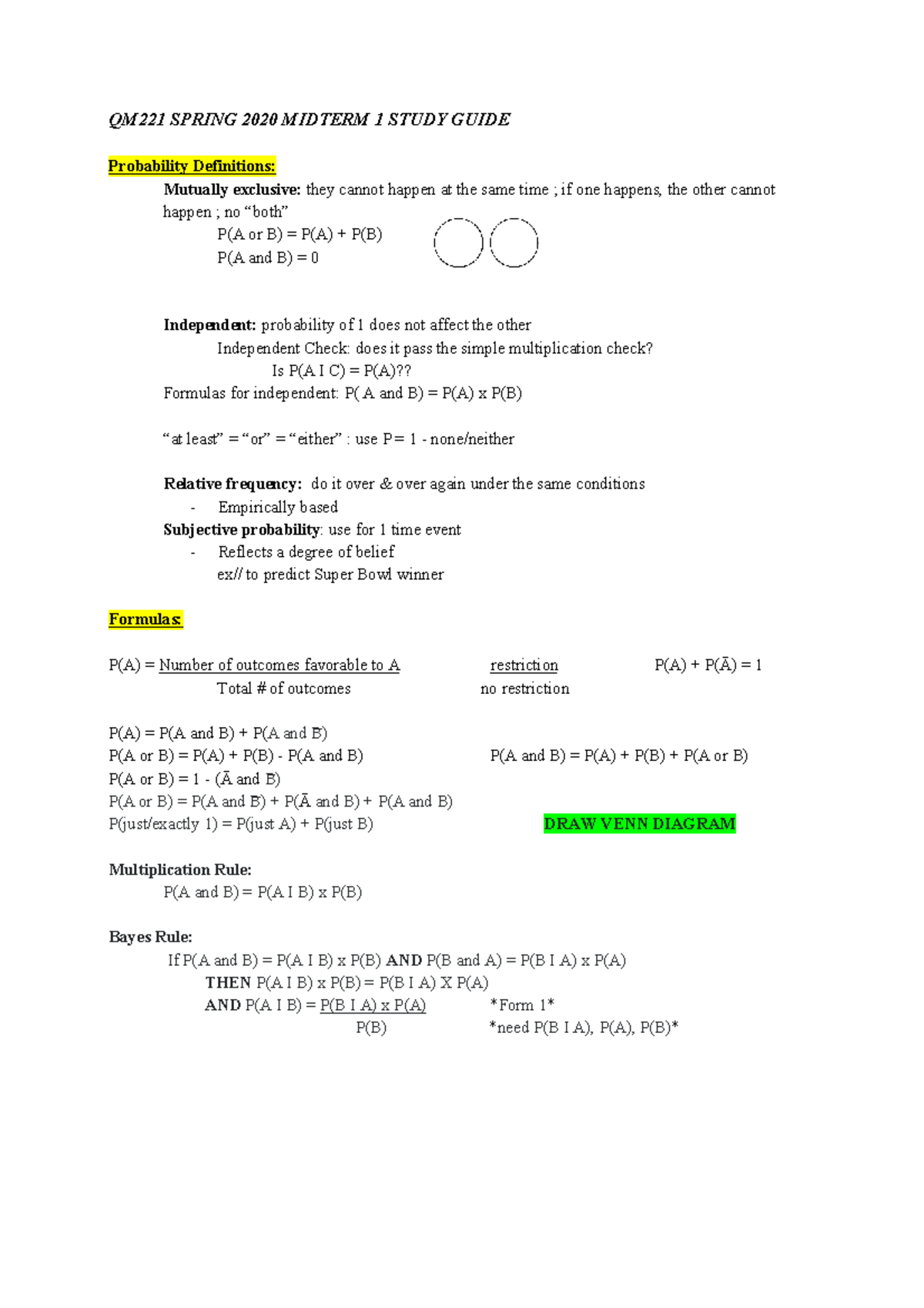 Midterm 1 qm221 Cheat Sheet - QM221 SPRING 2020 MIDTERM 1 STUDY GUIDE Probability Definitions ...
