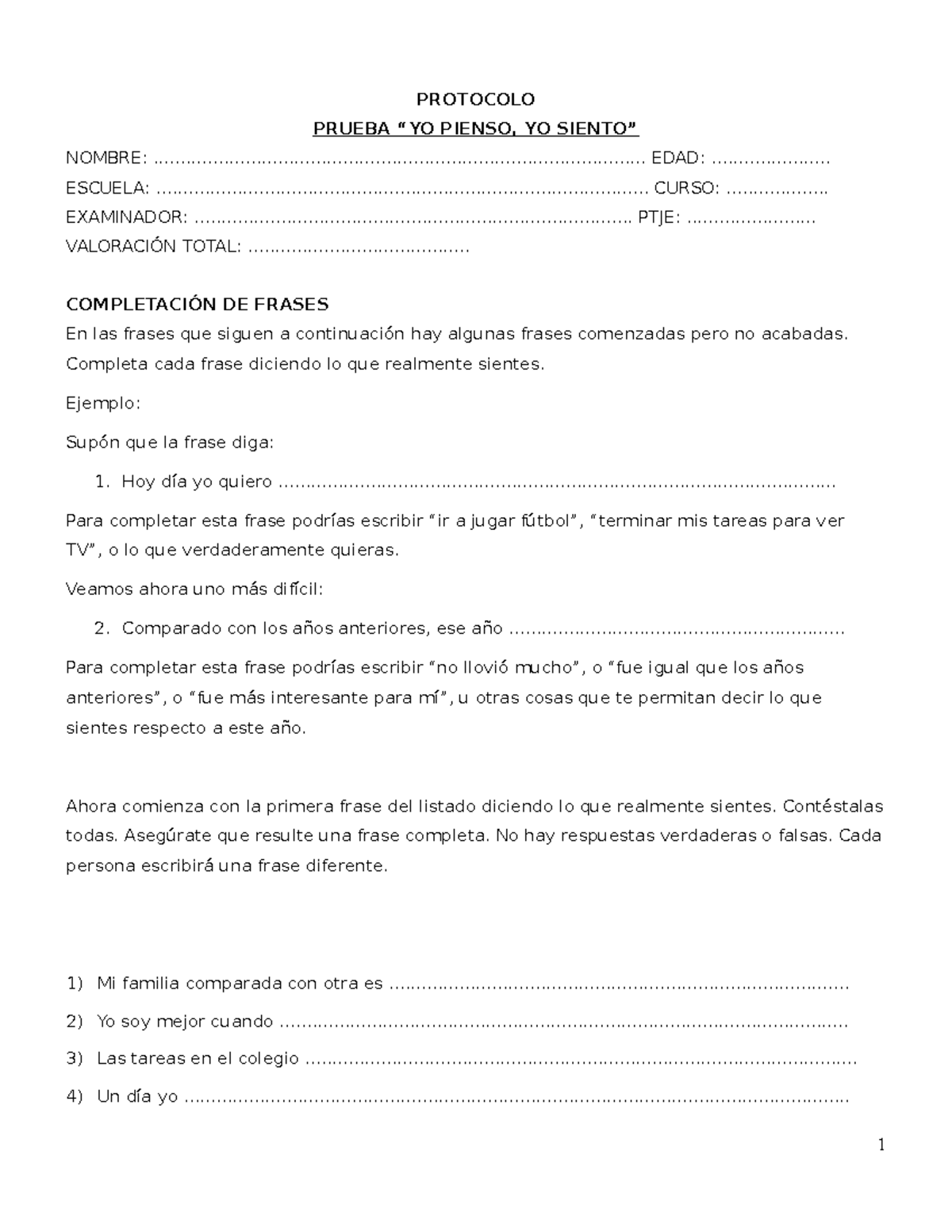 Yo Pienso,Yo Siento - Práctica - PROTOCOLO PRUEBA “YO PIENSO, YO SIENTO ...