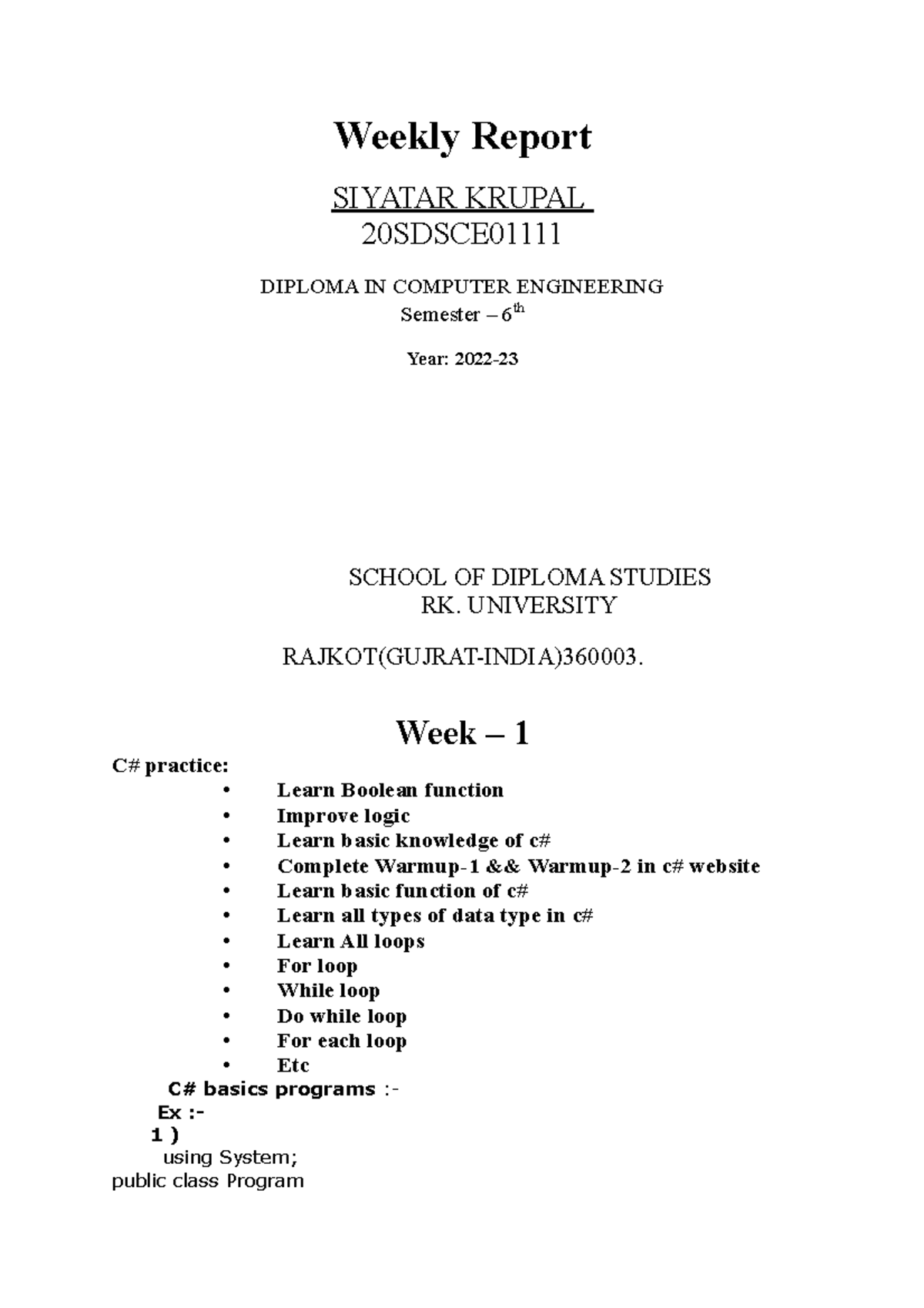 Week – 9 - Weekly Report SIYATAR KRUPAL 20SDSCE DIPLOMA IN COMPUTER ...