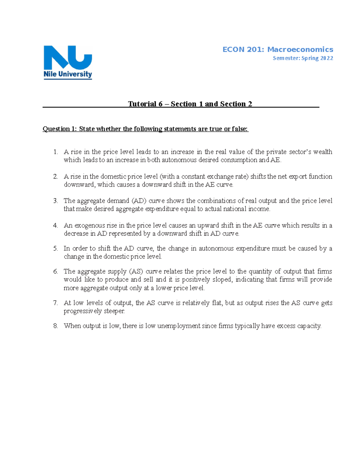 Tutorial 6 Macro ECO N201 - Tutorial 6 – Section 1 and Section 2 ...