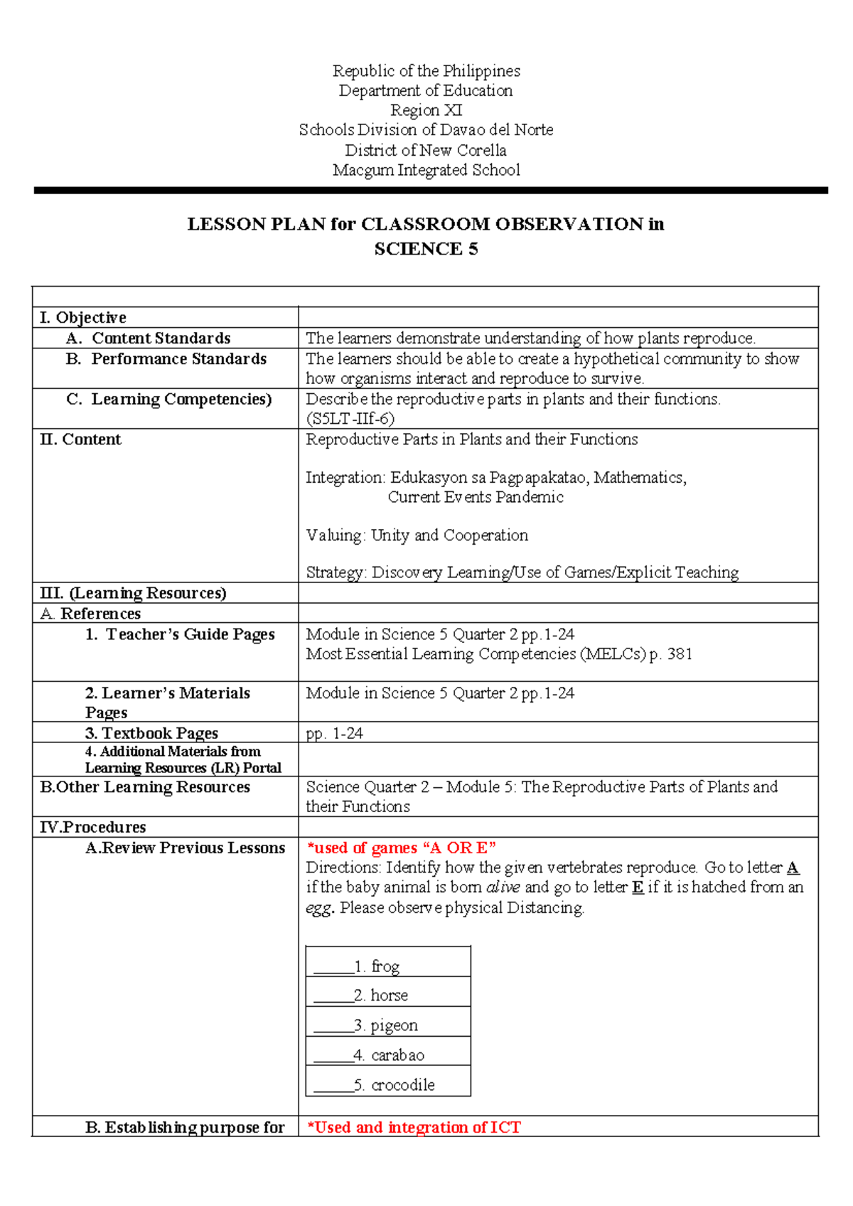 COT Lesson Plan Science 5 1 - Republic of the Philippines Department of Education Region XI ...