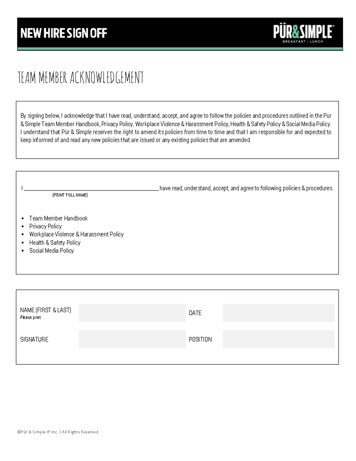 TEAM Member Policy SIGN OFF - NEW HIRE SIGN OFF TEAM MEMBER ...