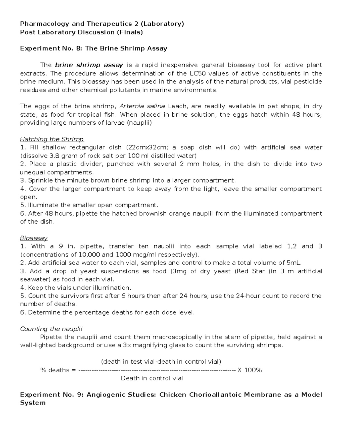 Pharmacology 2 Lab (Post Lab Finals) - Pharmacology and Therapeutics 2 ...