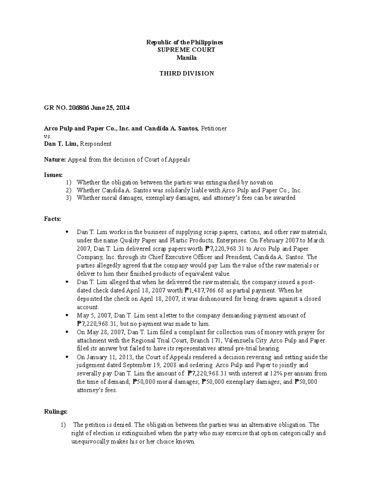 Case digest - ARCO PULP AND PAPER CO., INC. AND CANDIDA A. SANTOS ...