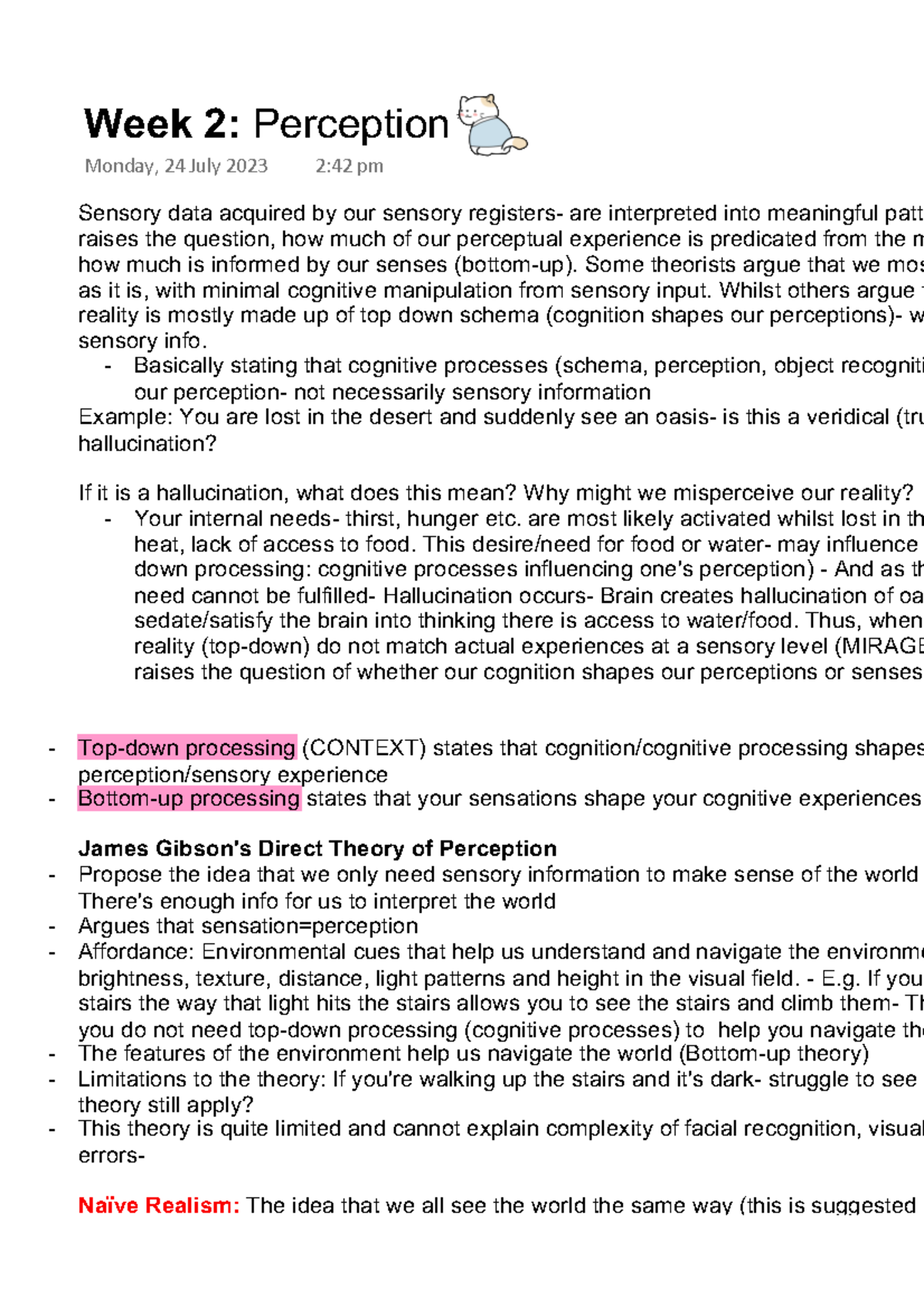 Week 2 Perception Cognitve Psych - Sensory data acquired by our sensory ...