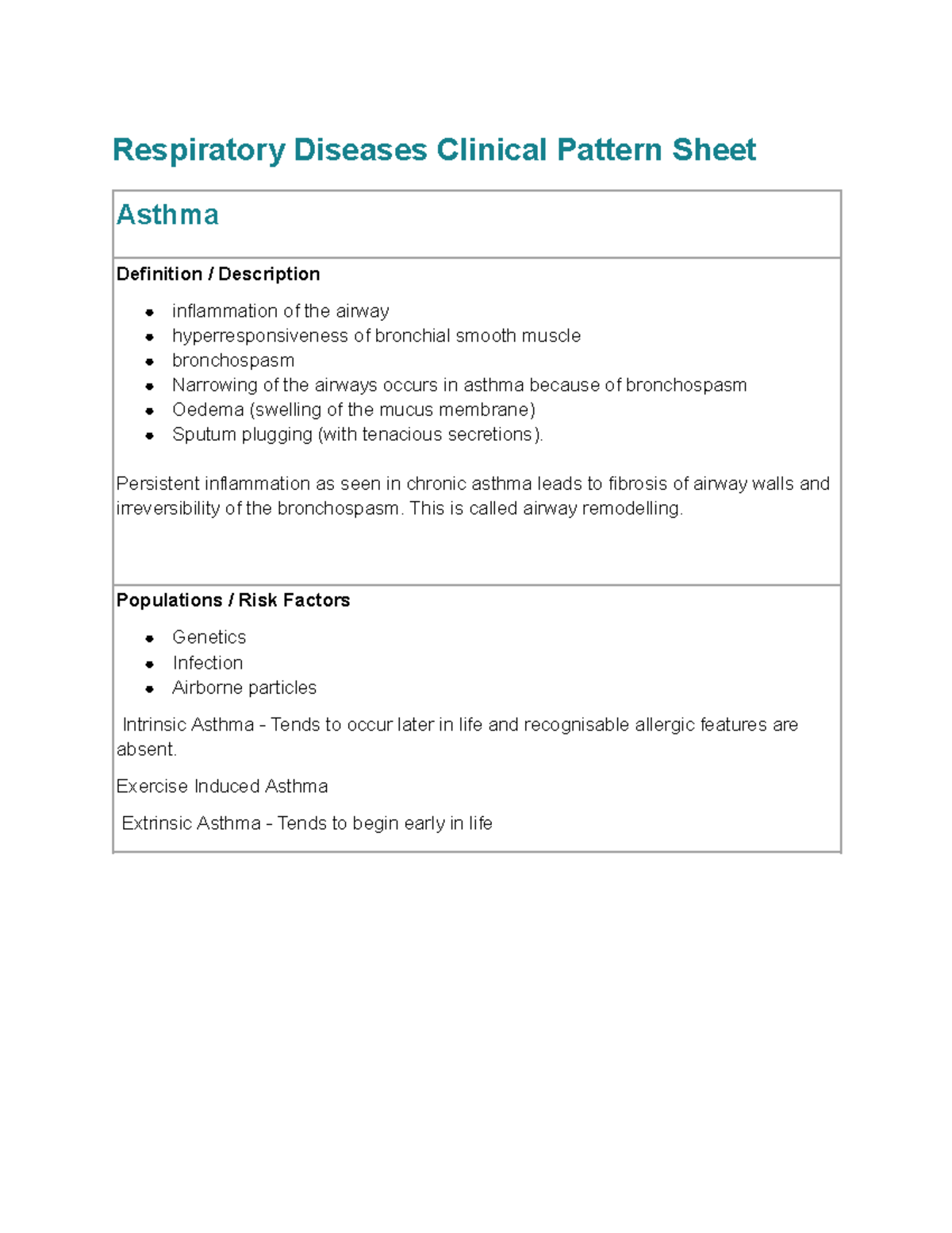 Respiratory Diseases Asthma Clinical Pattern Sheet - Respiratory ...