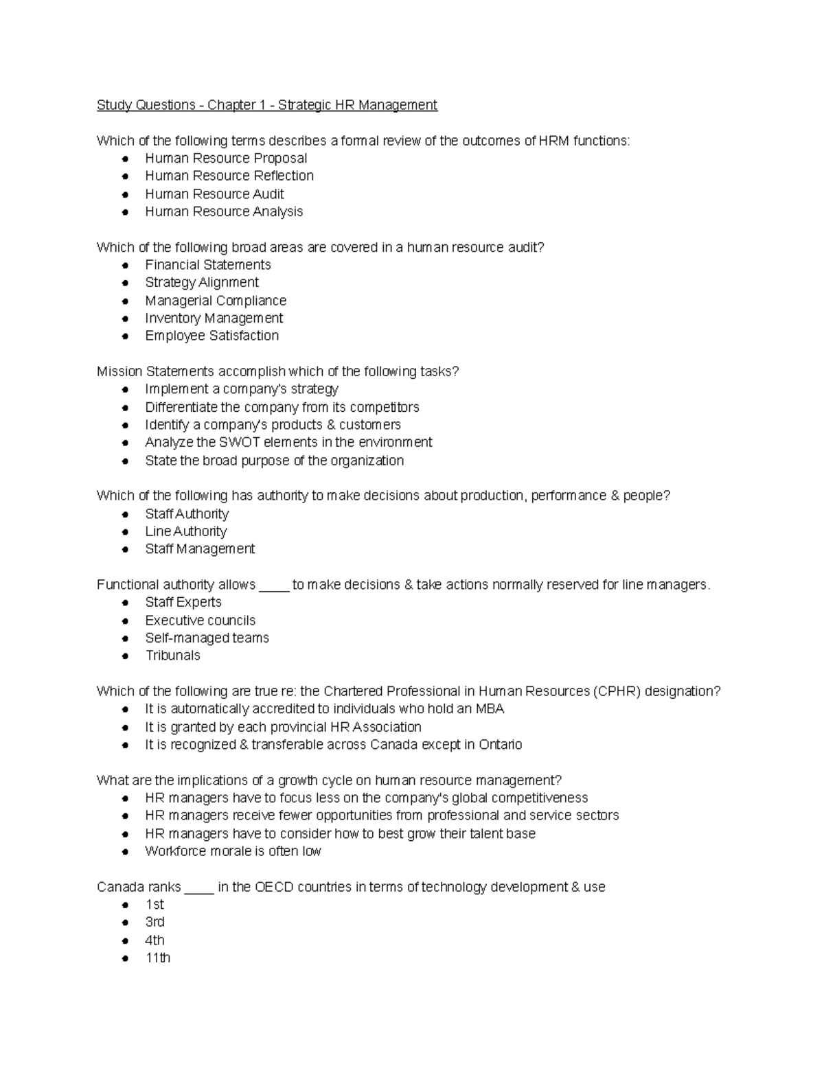 HR Study Questions - Study Questions - Chapter 1 - Strategic HR ...