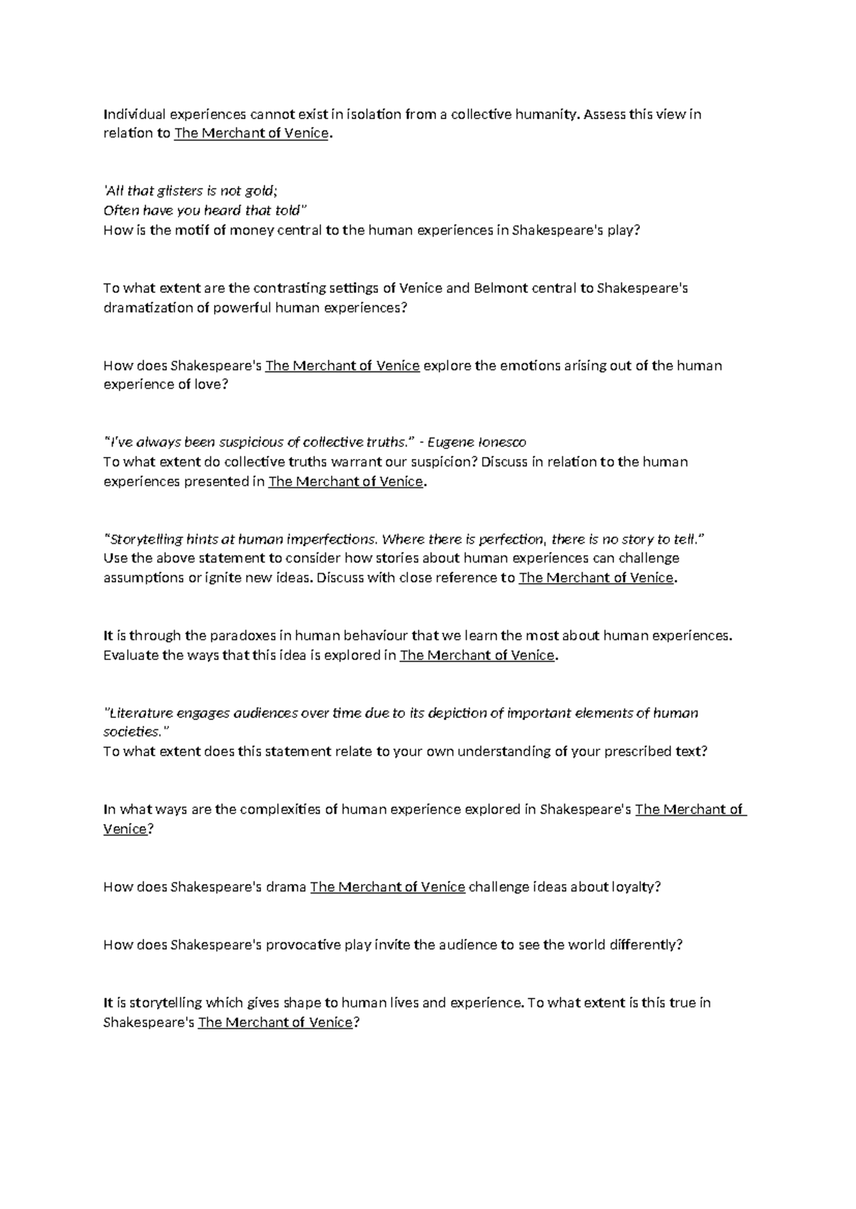 Common module HSC - essay questions - Individual experiences cannot ...