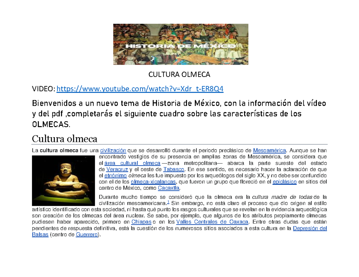 Cultura Olmeca - CULTURA OLMECA VIDEO: youtube/watch?v=Xdr_t-ER8Q ...