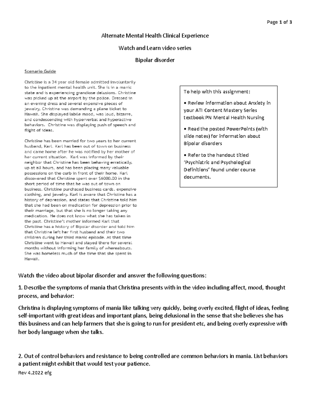 Bipolar Case Study Homework Assignment Mental Health - Page 1 of 3 Rev ...