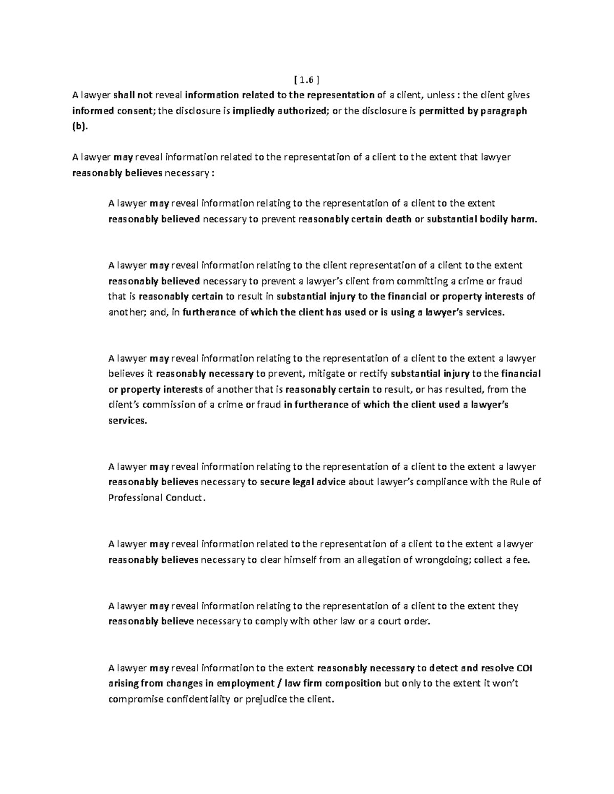 PPR Outline RULE Statements - [ 1 ] A lawyer shall not reveal ...