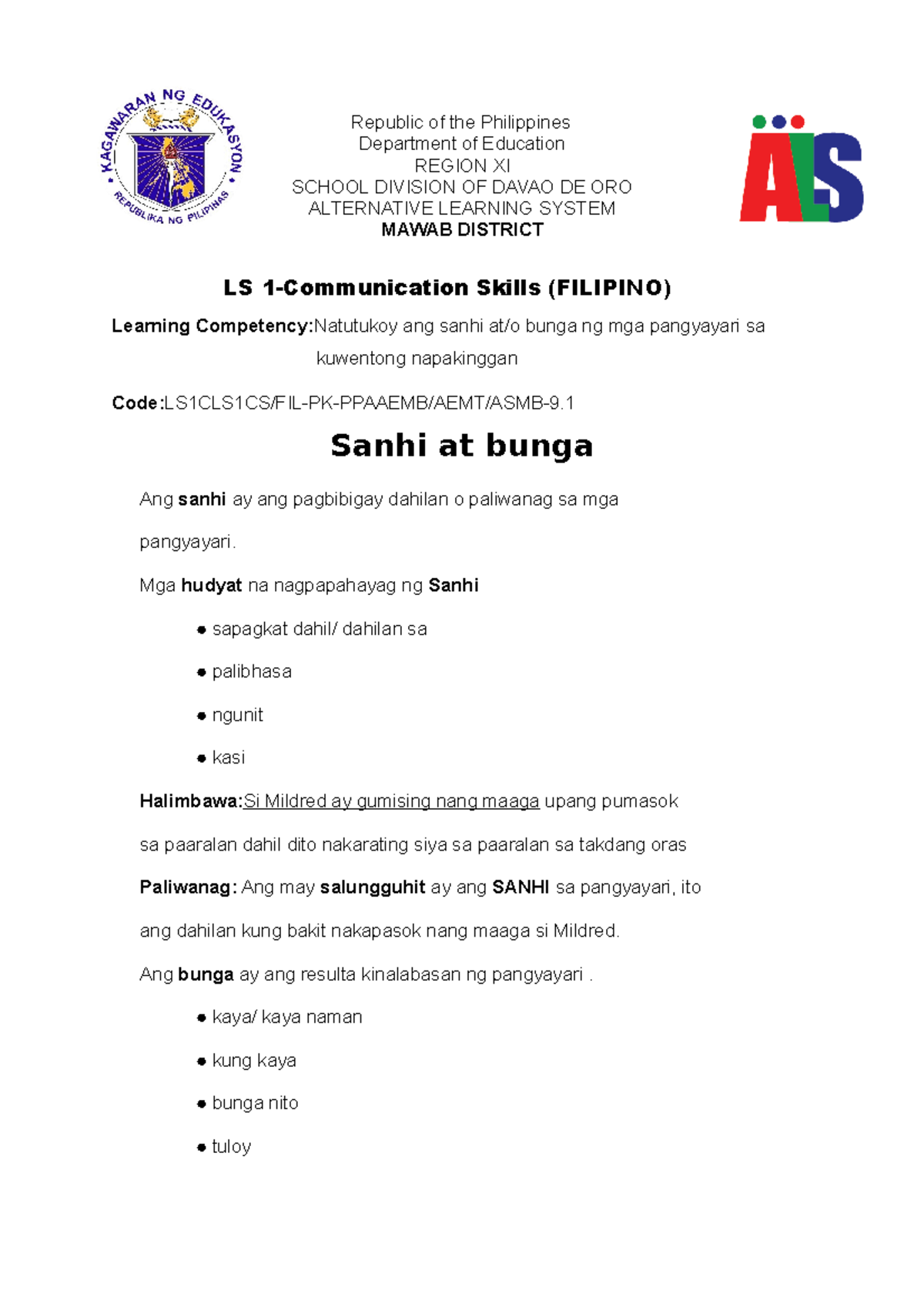 LS-1 Filipino-Activity 3 Elem. &Junior High - Republic of the ...