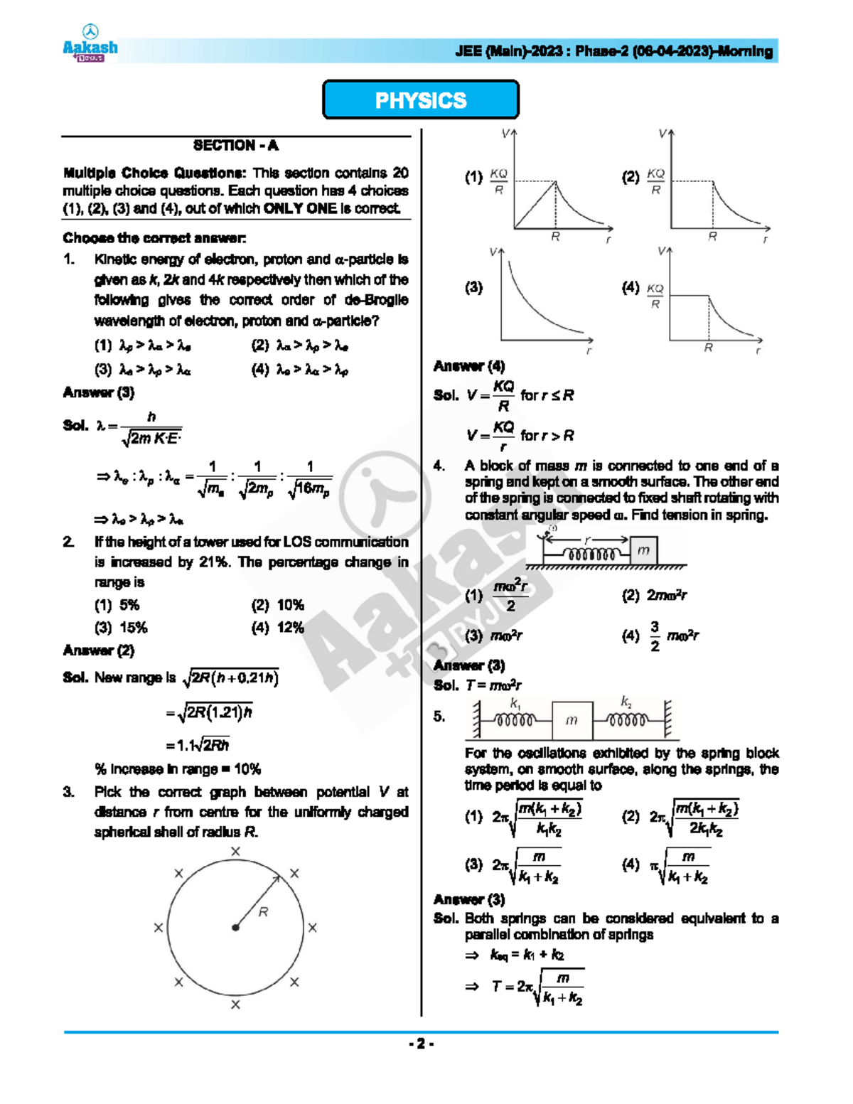 6 April Physics shift 1 - i Aakash JEE : B PHYSICS V V SECTION A ...