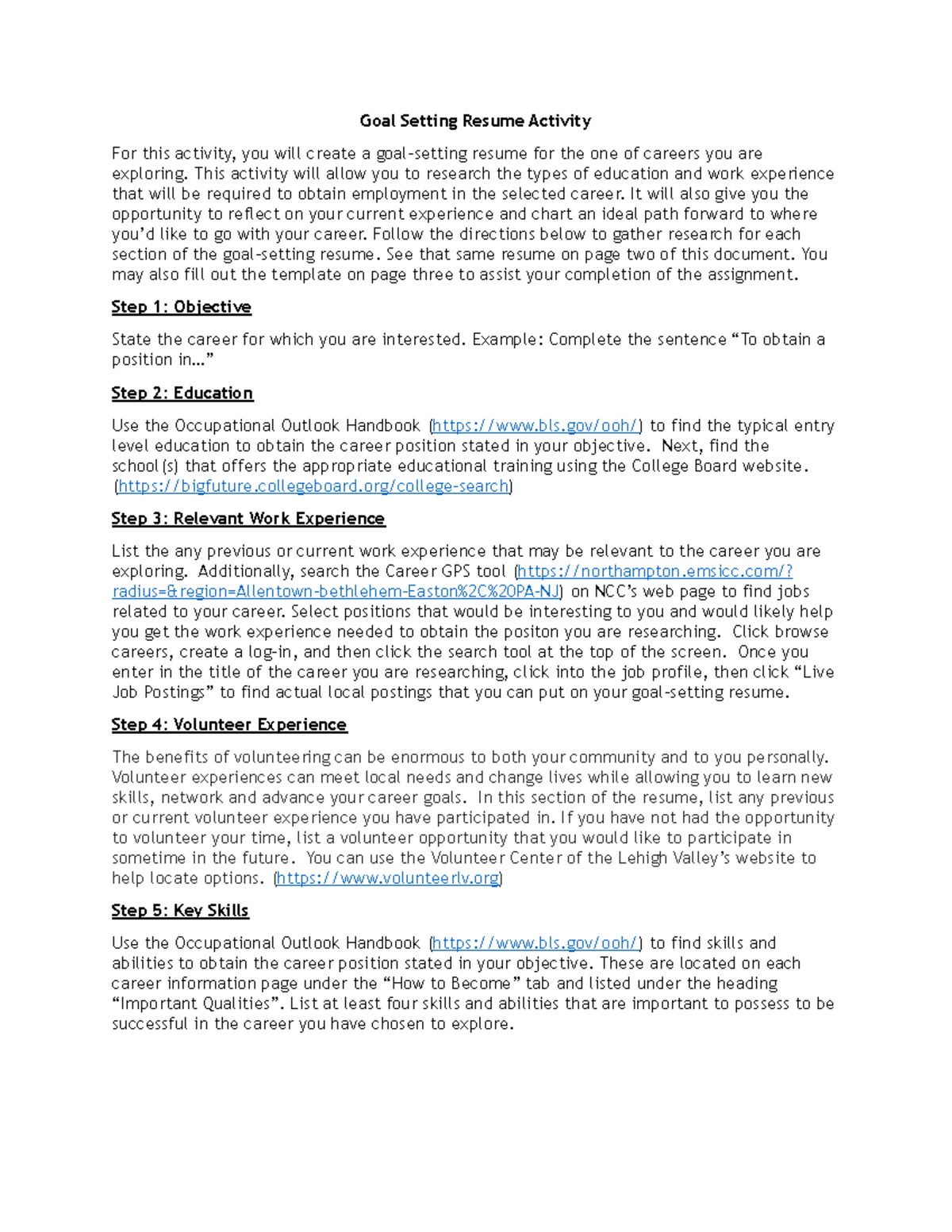 Goal Setting Resume Assignment - Goal Setting Resume Activity For this ...